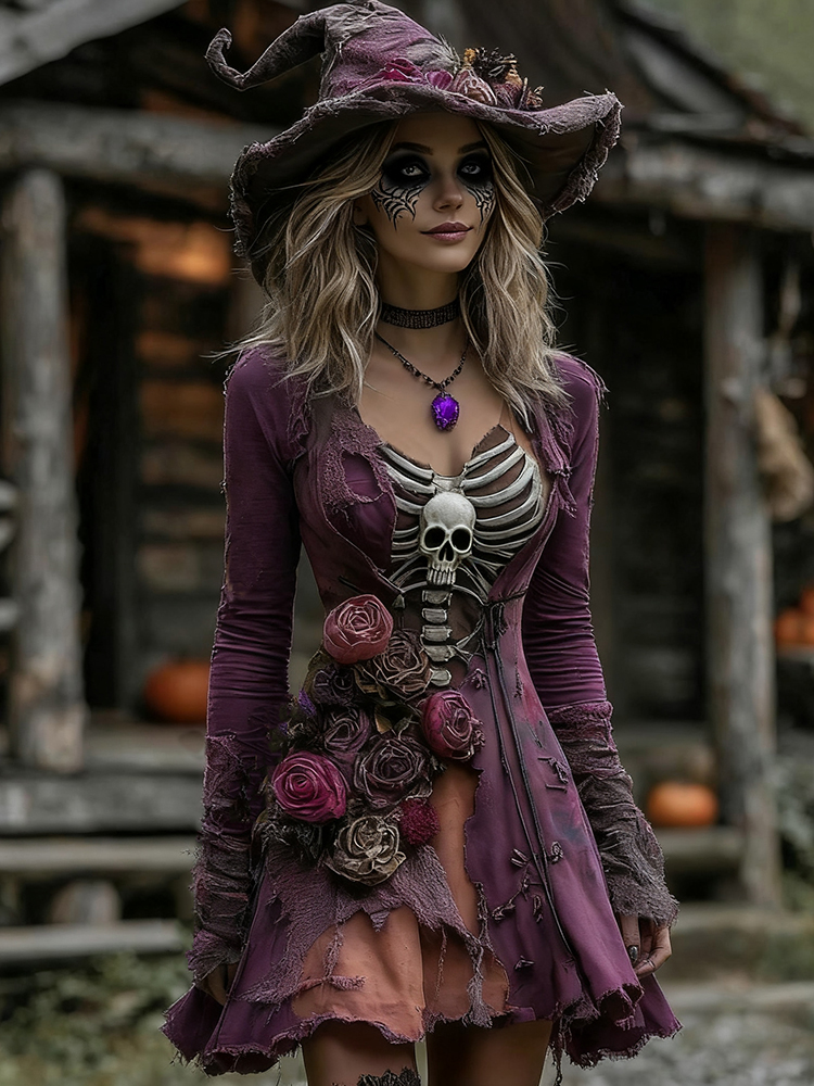 Women's Halloween Rose Skeleton Witch Cosplay Midi Dress