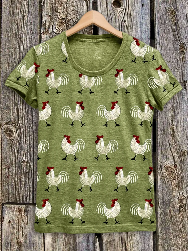 Vercoo Vintage Roosters Embroidery Pattern T Shirt