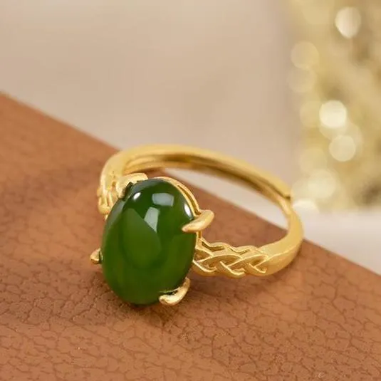 Original S925 Sterling Silver Gilded Ring with Natural Hetian Green ...