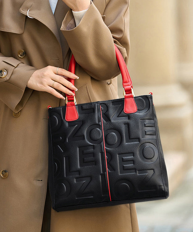 Classy Black Letter Embossed Calf Leather Tote Bag