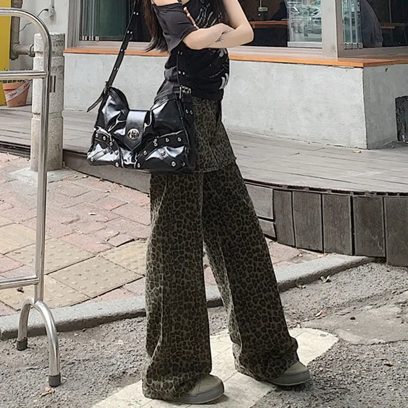LEOPARD PRINT FAKW TWO PIECE WIDE LEG JEANS