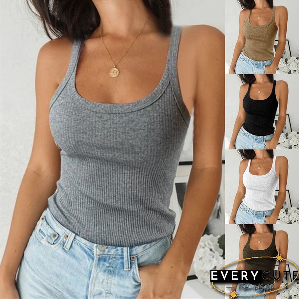 Women Sleeveless Spaghetti Vest Quality Knitted Camis U-neck Tank Tops Casual Solid Color Basic ...