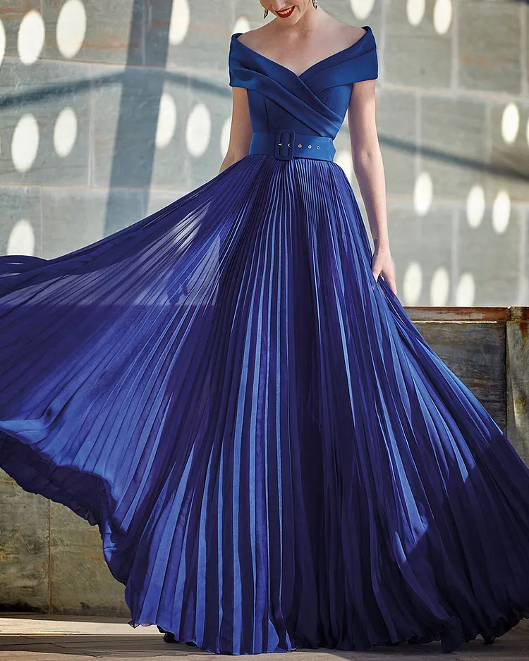Off Shoulder Pleated Chiffon Dress