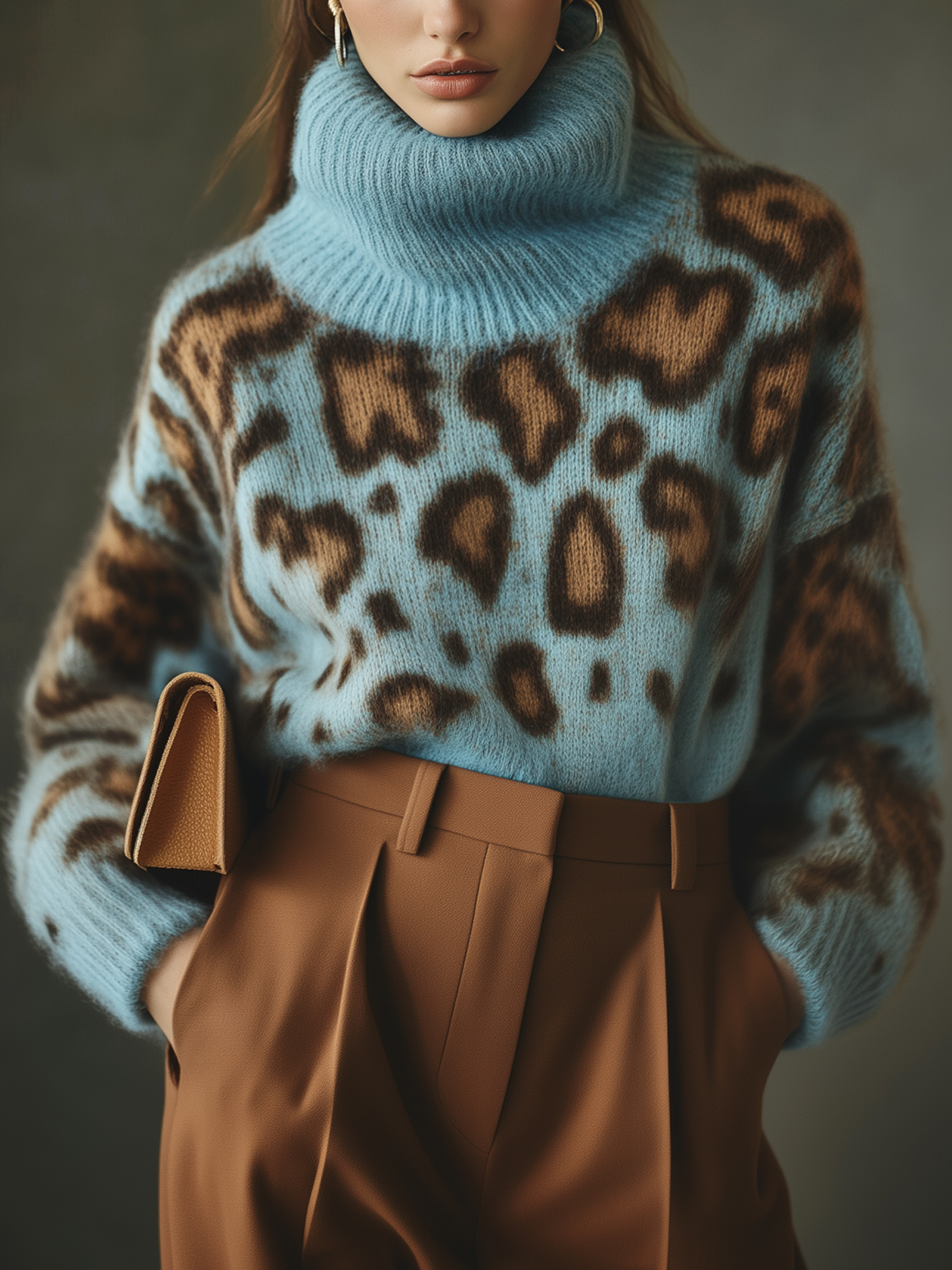 Loose Light Blue Leopard Print Turtleneck Sweater