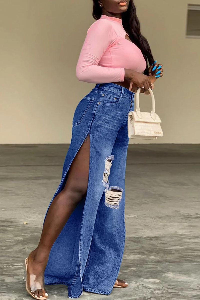 Sexy Street Solid Ripped Split Joint Slit High Waist Denim Jeans