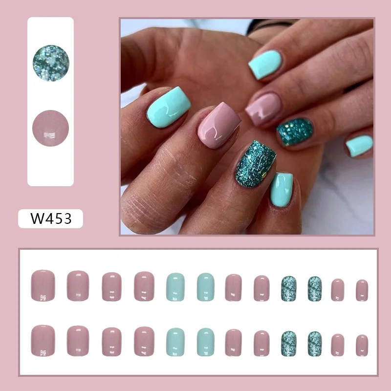 Churchf Short Square/ Round False Nails Green Red Wave French Fake ...