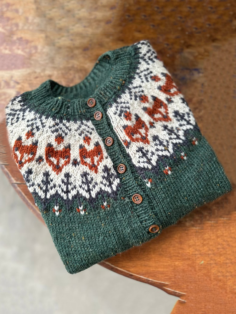 Icelandic Fox Ethnic Print Long Sleeve Knitted Cardigan