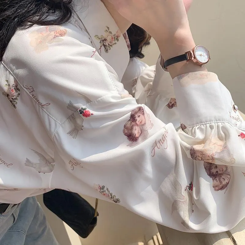 ANGEL PRINT LONG SLEEVE CHIFFON SHIRT