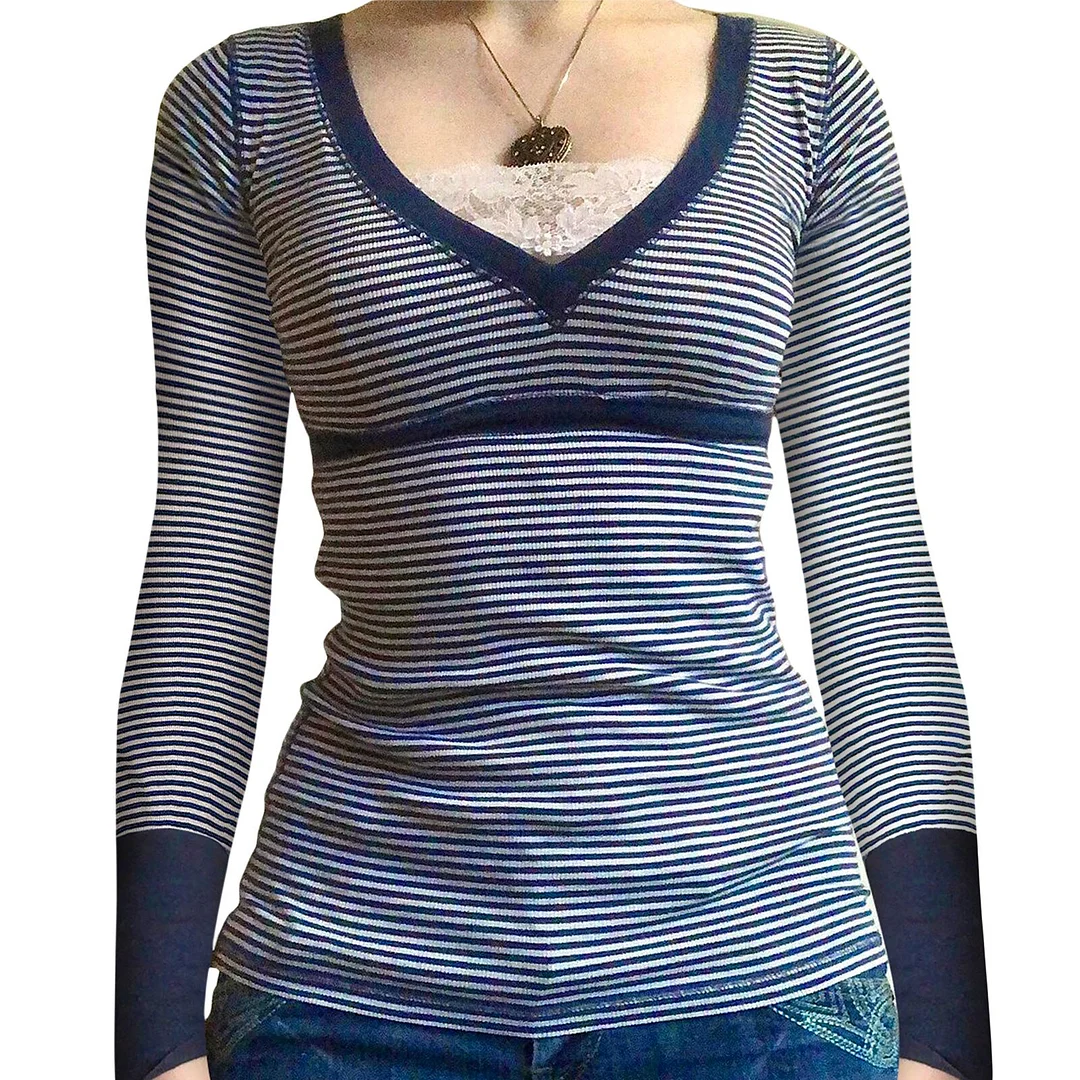 Wongn 2000s y2k Tops Women Lace Patchwork Long Sleeve T-Shirts Fall ...