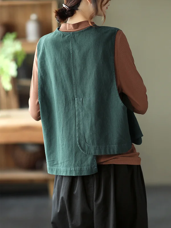 Vintage Asymmetric Buttoned Solid Color Vest Top
