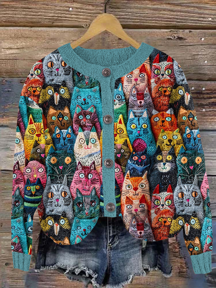 Cute Cats Embroidered Crew Neck Cozy Cardigan