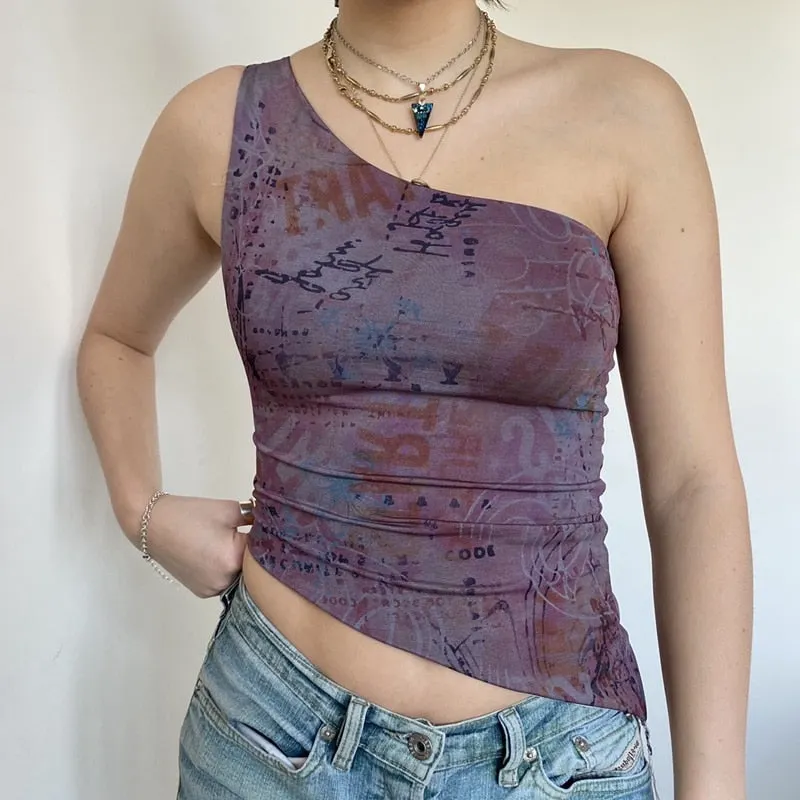 Y2K Vintage Chinese Style Print Crop Top Asymmetric Slim Fit One ...