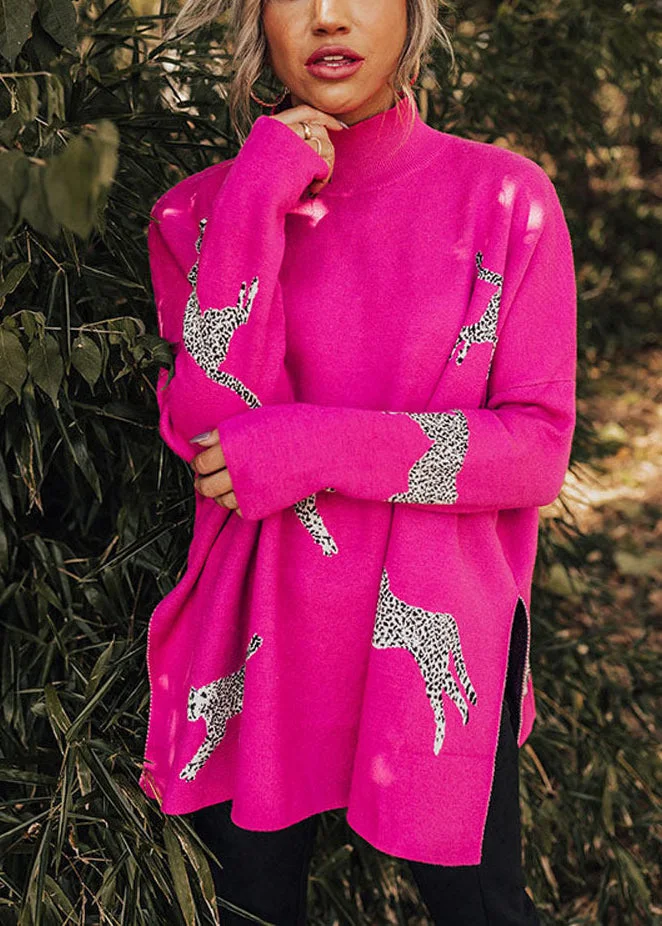 Plus Size Rose Hign Neck Side Open Knit Sweaters Batwing Sleeve