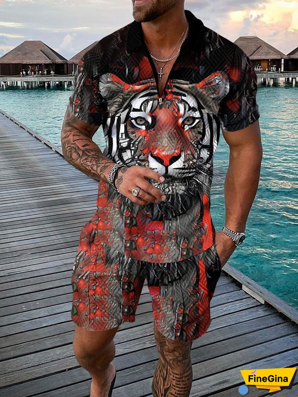 FineGina Men's Casual Tiger Drip Dark Polo Suit