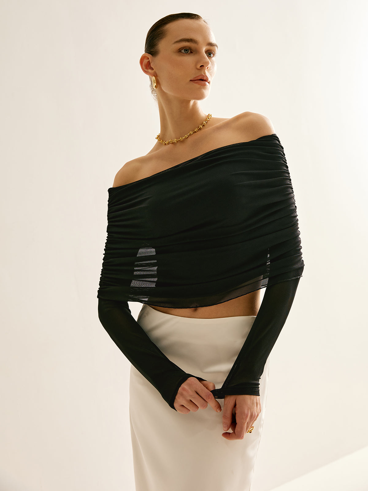 Off-Shoulder Mesh Blouse