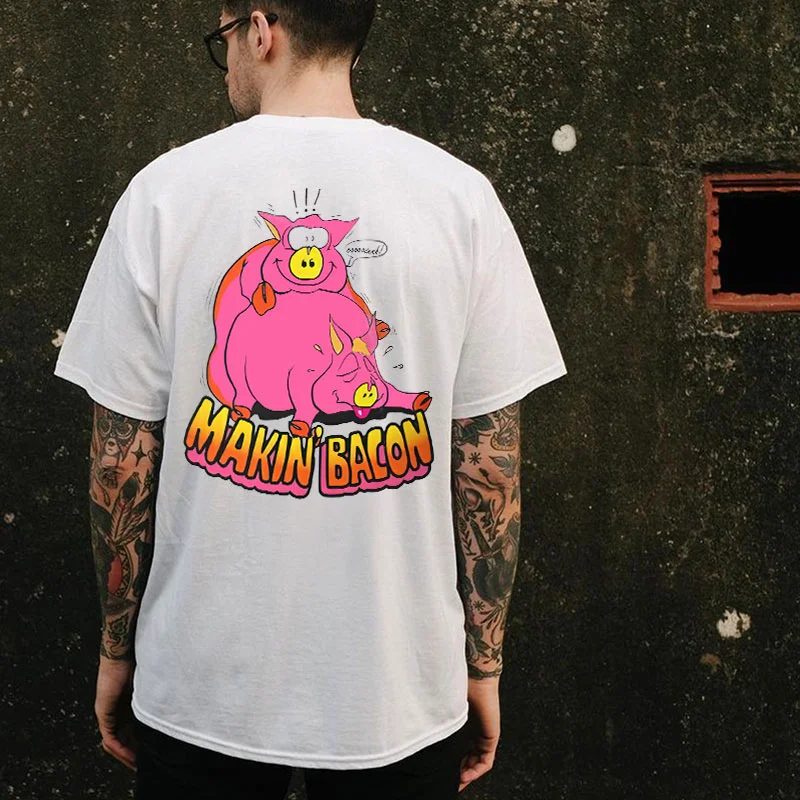 MAKING BACON Pink Couple Pigs Black Print T-Shirt