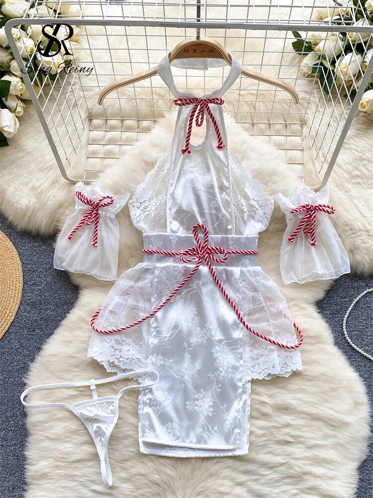 Uaang Chinese Cheongsam Sexy Sheer Dress+Thongs Halter Print Satin Lace ...