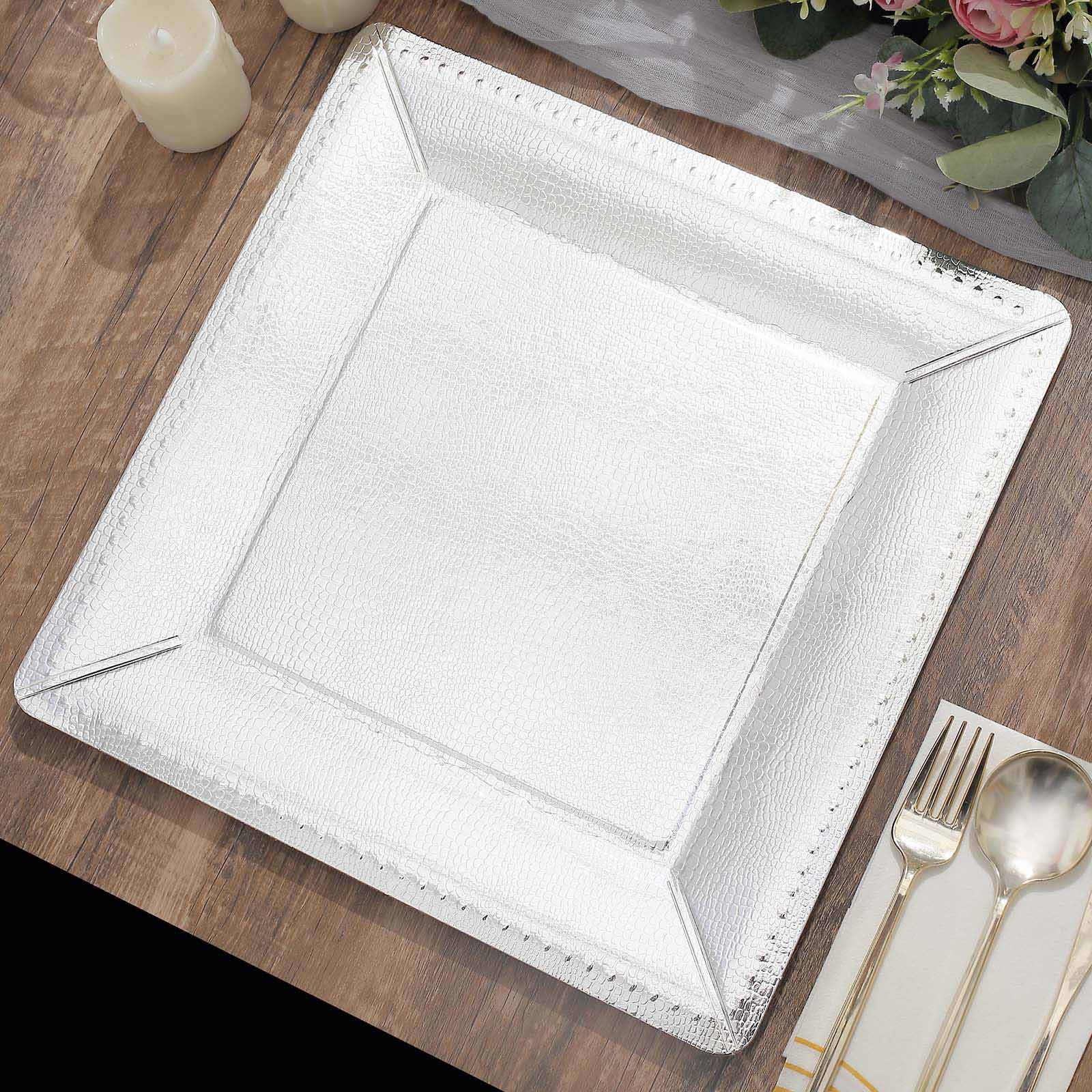 10 Pack | 13" Silver Textured Disposable Square Serving Trays, Leather ...