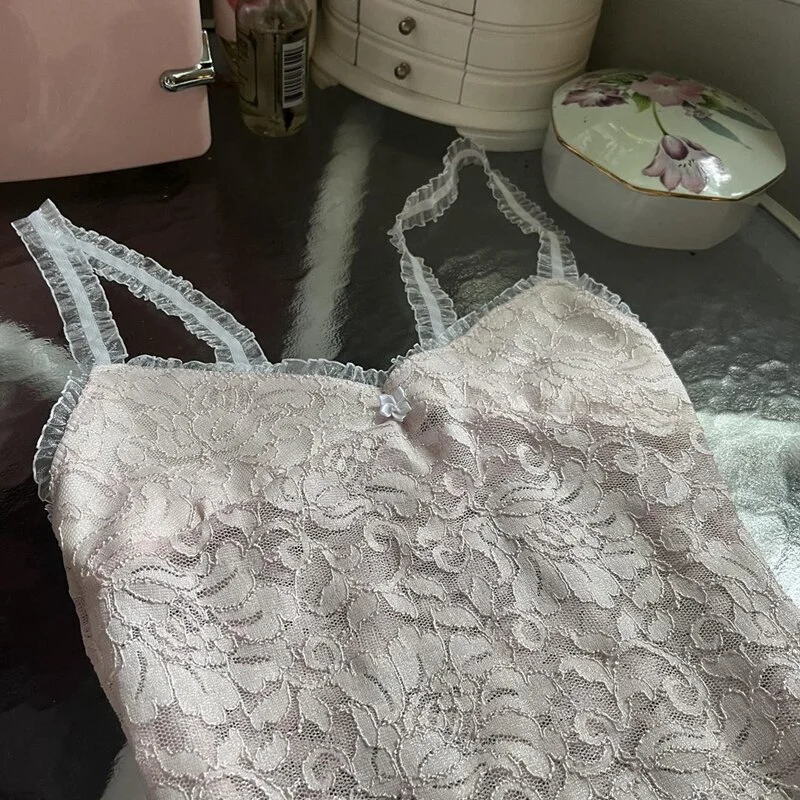 Uaang 90s Vintage Pink Floral Lace Sheer Camis Fairycore Cute Y2K Crop Tops Retro Ruffles Strap ...