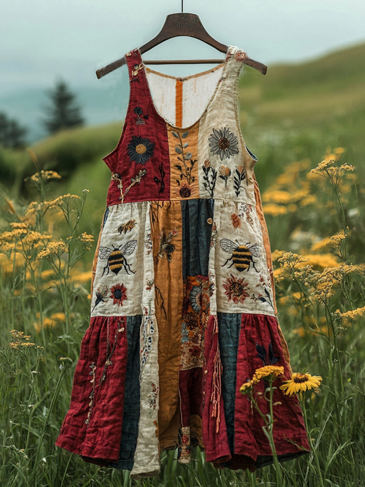 Insect Bee Wildflower Floral Embroidery Art Linen Tank Dress