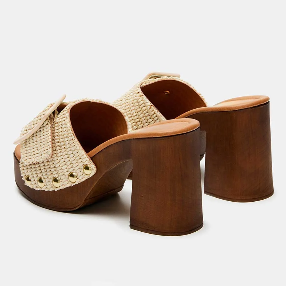 Ivory Open Toe Block Heel Wide Band Platform Elegant Mules