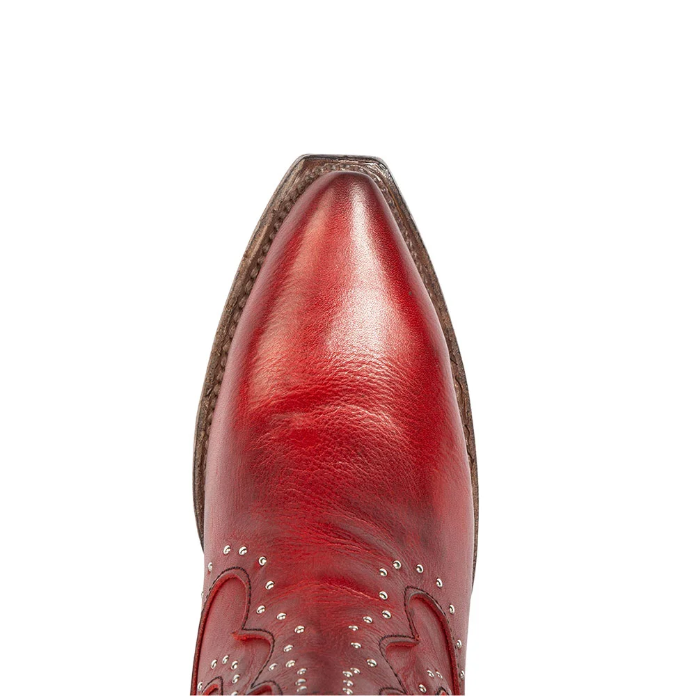 Red Snip Toe Booties Block Heel Studded Western Boots for Women