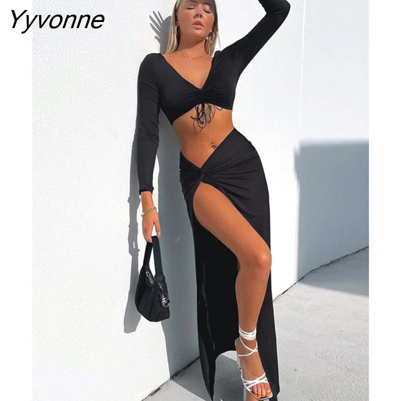 Yyvonne Sexy Split Maxi Skirt Suits Women 2023 New V Neck Long Sleeve