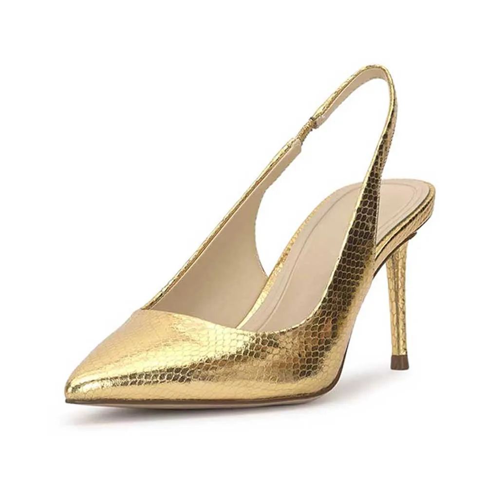 Gold Glitter Pointed Toe 3‘’ Stiletto Heel Slingback Pumps