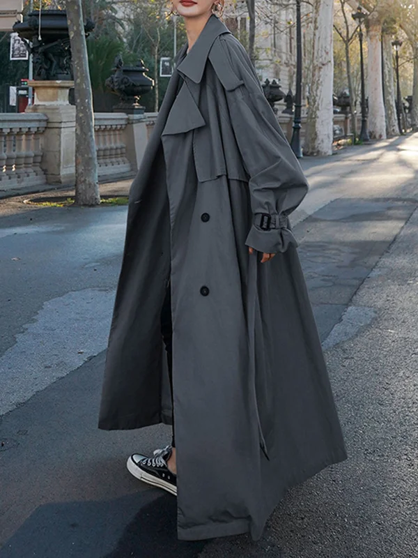 Buckle-Embellished Trench Coat with Split-Back and Lapel Collar