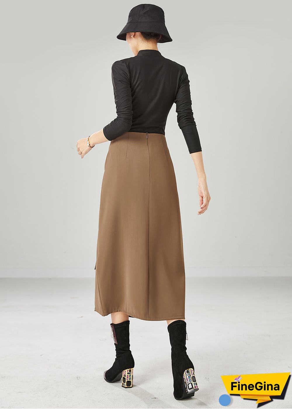 FineGina Slim Fit Coffee Cinched Side Open Chiffon Skirt Summer