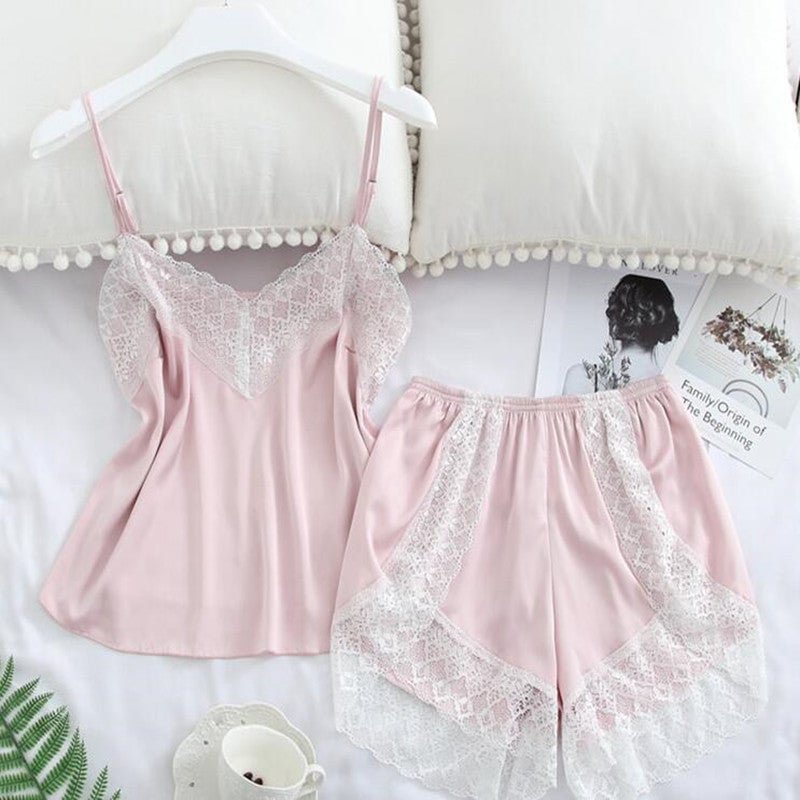 Cute Cami Top and Shorts Satin Lace V-Neck Pajama Set