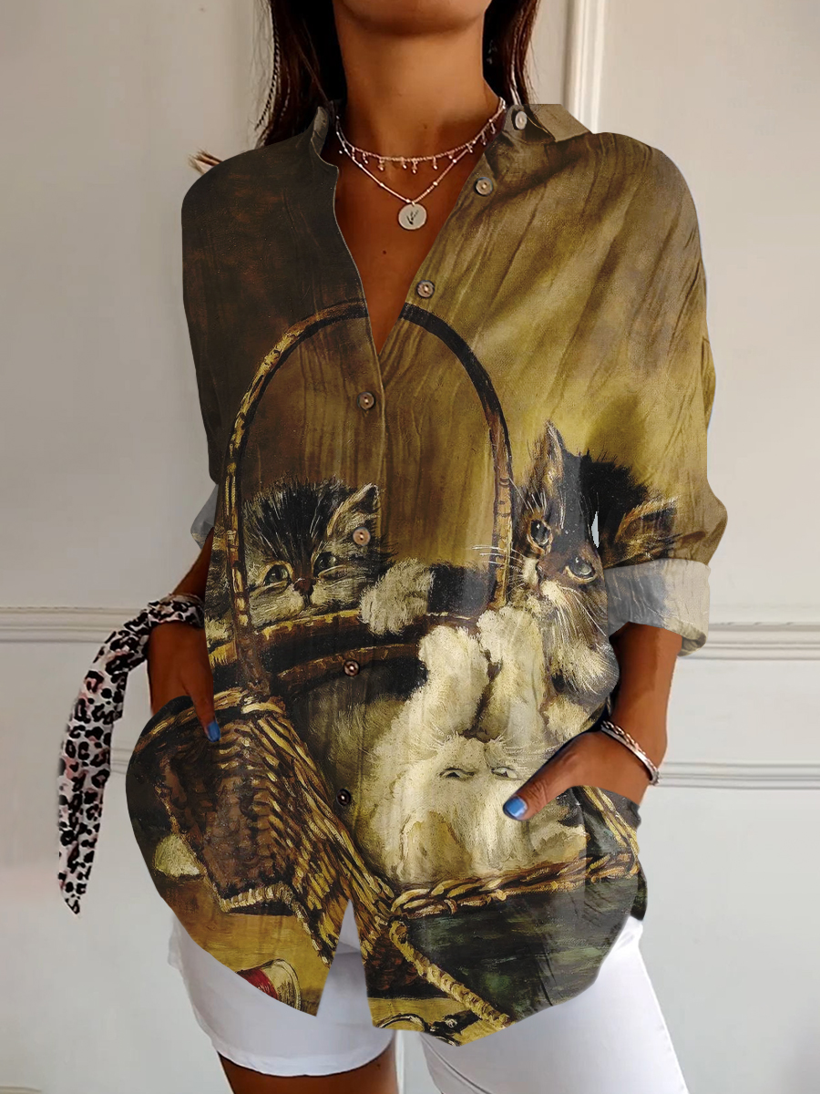 Vintage Cute Cat Print Cotton And Linen Shirt
