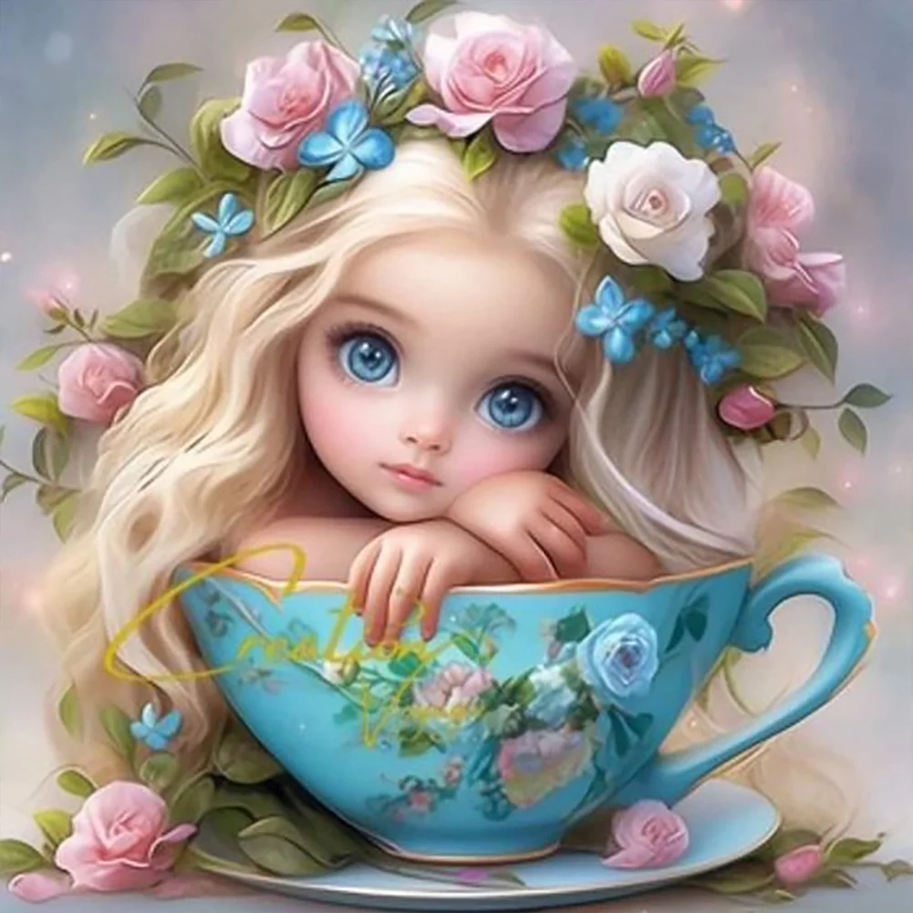 Teacup Girl (velvet cloth) AB drill full round/square diamond painting