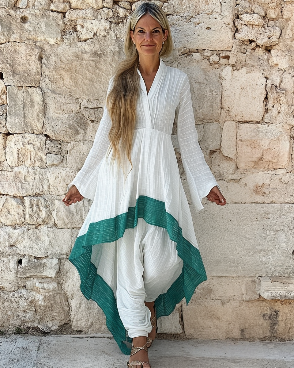 Vintage loose color contrast green color linen dress 4b46