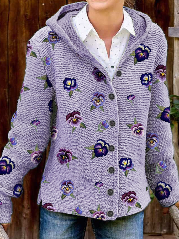 Pansy Floral Embroidery Pattern Knit Hooded Cardigan