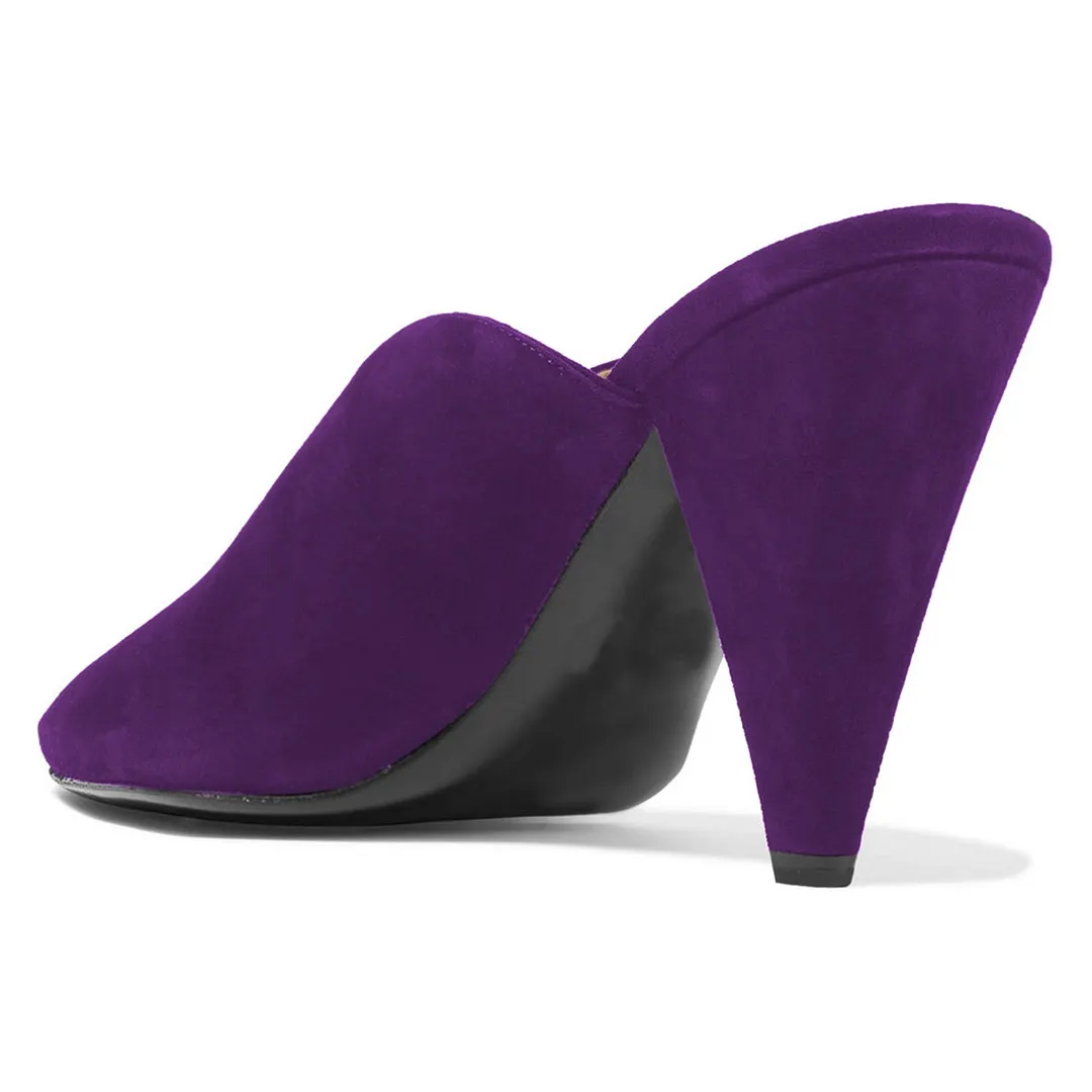 Dark Purple V-Cut Slide Sandals Cone Heel Slip On Mules Sheos
