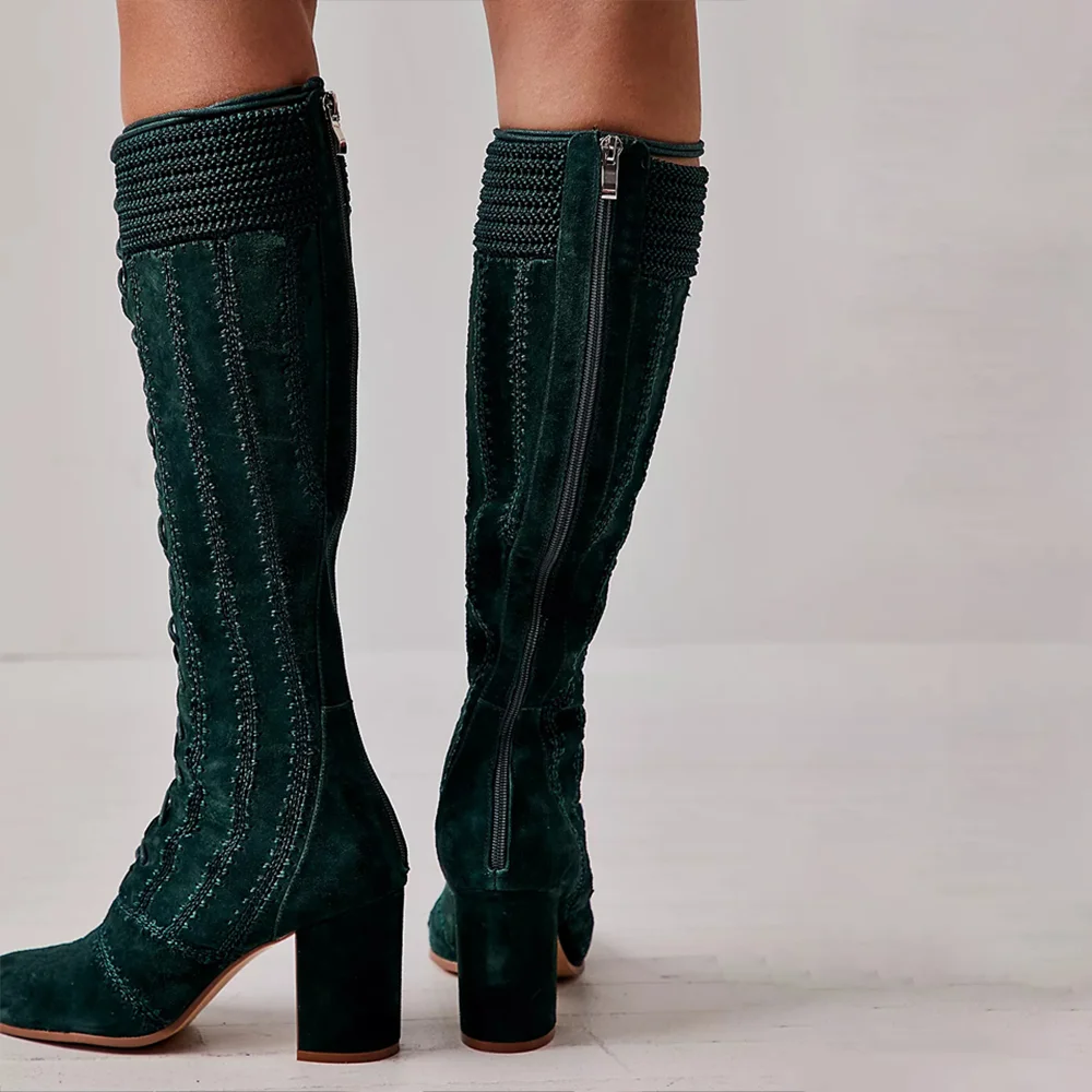 Dark Green Vegan Suede Sewed Knee Lace Up Boots with Block Heels