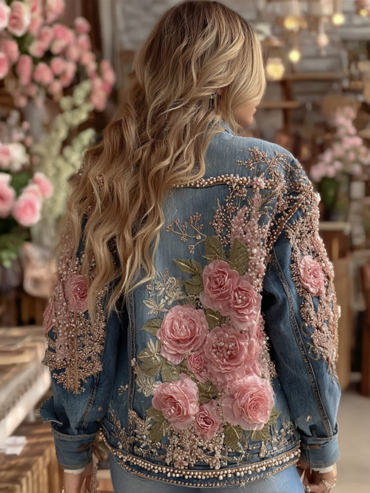 Vintage Romantic Pink Roses Embroidery Denim Jacket