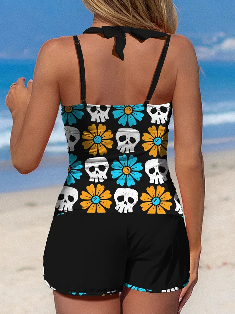 V-Neck Retro Skull Daisy Art Print Suspender Skirt Tankini Pantskirt ...