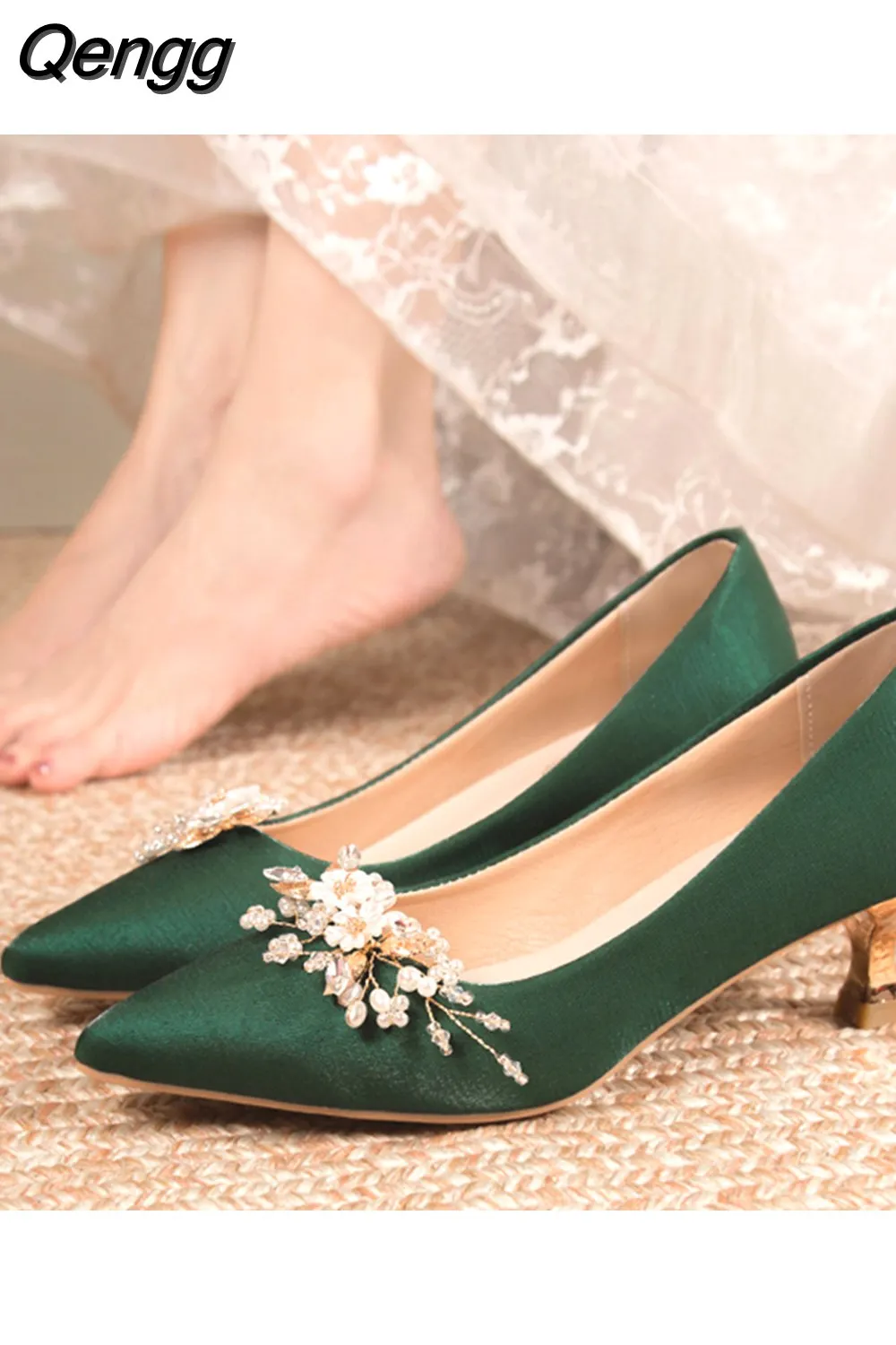 Qengg Pointed Toe Pumps for Women 2023 New Green Silk Low Heels Shoes ...