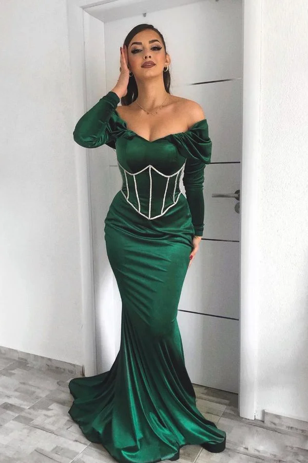 Daisda Emerald Long Sleeves Mermaid Evening Dress With Appliques