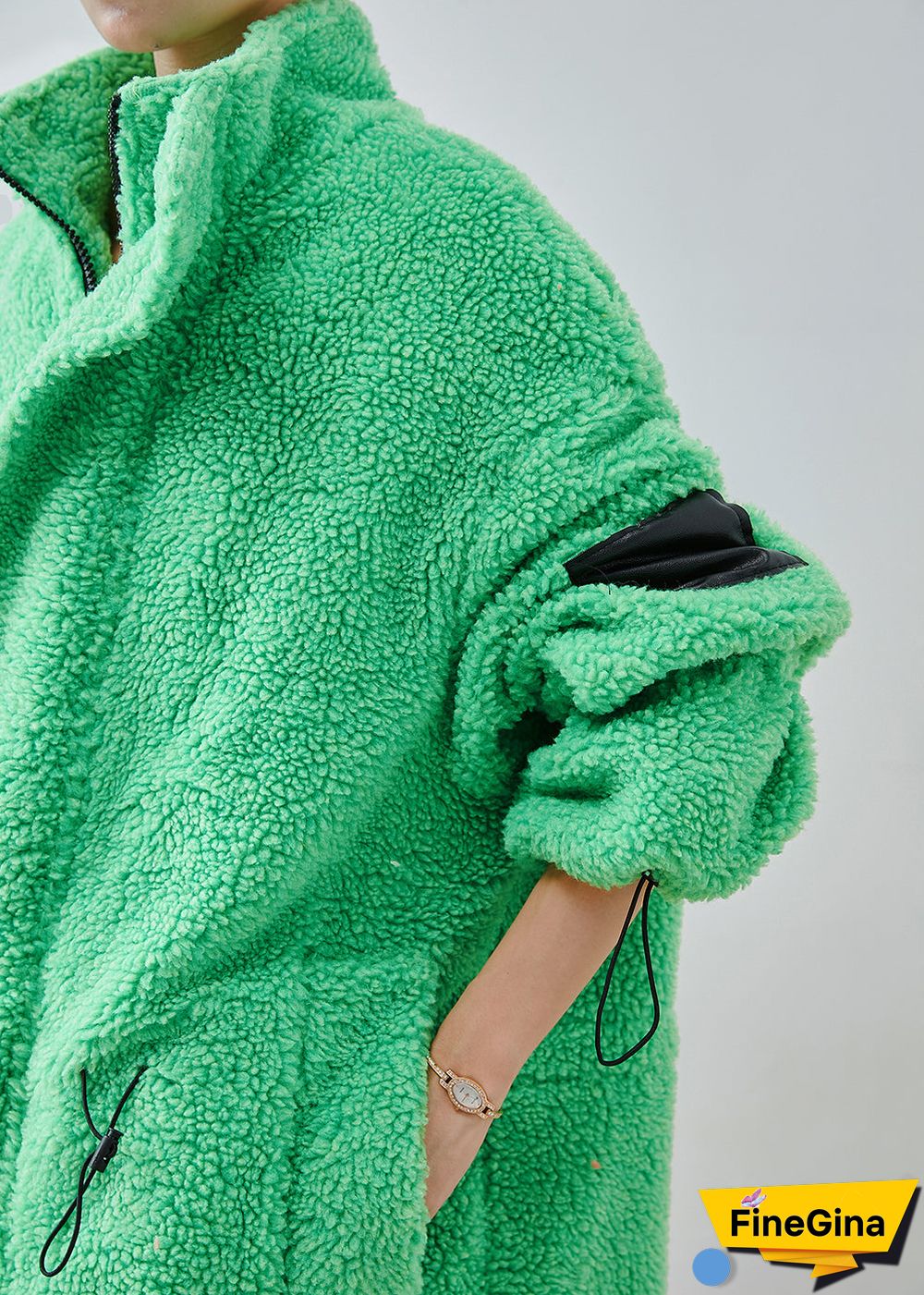 FineGina Art Fluorescent Green Oversized Drawstring Fleece Trench Winter