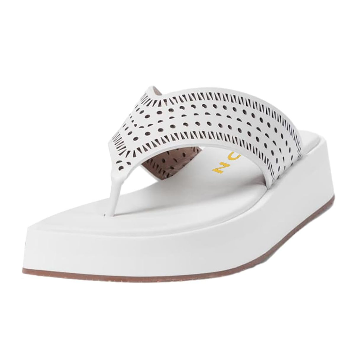 White Open Round Toe Perforated Details Platform Flip Flops