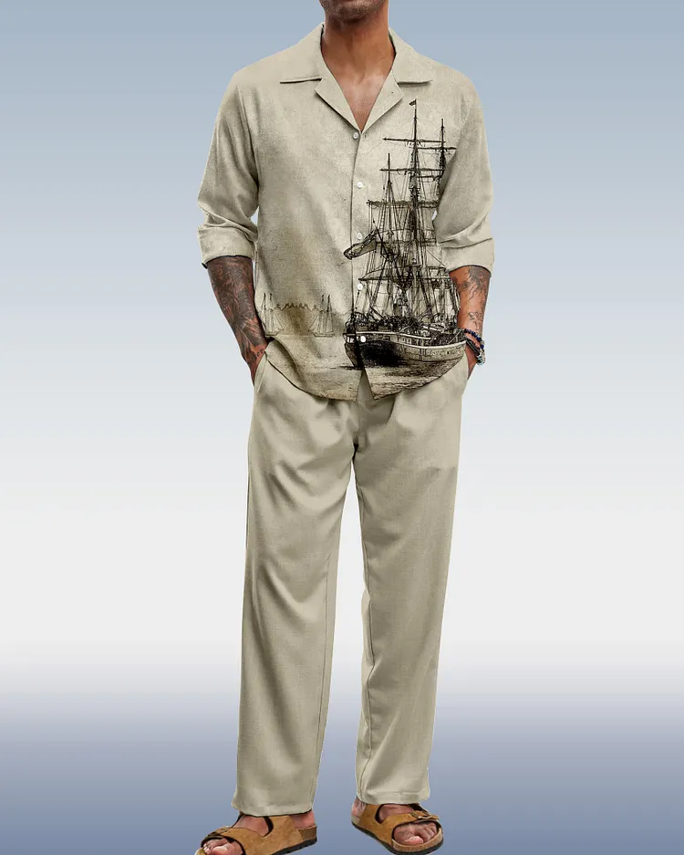 Men's Nostalgic Sailing Ship Long Sleeve Walking Suits-0079