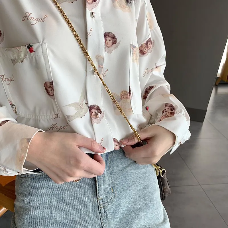 ANGEL PRINT LONG SLEEVE CHIFFON SHIRT