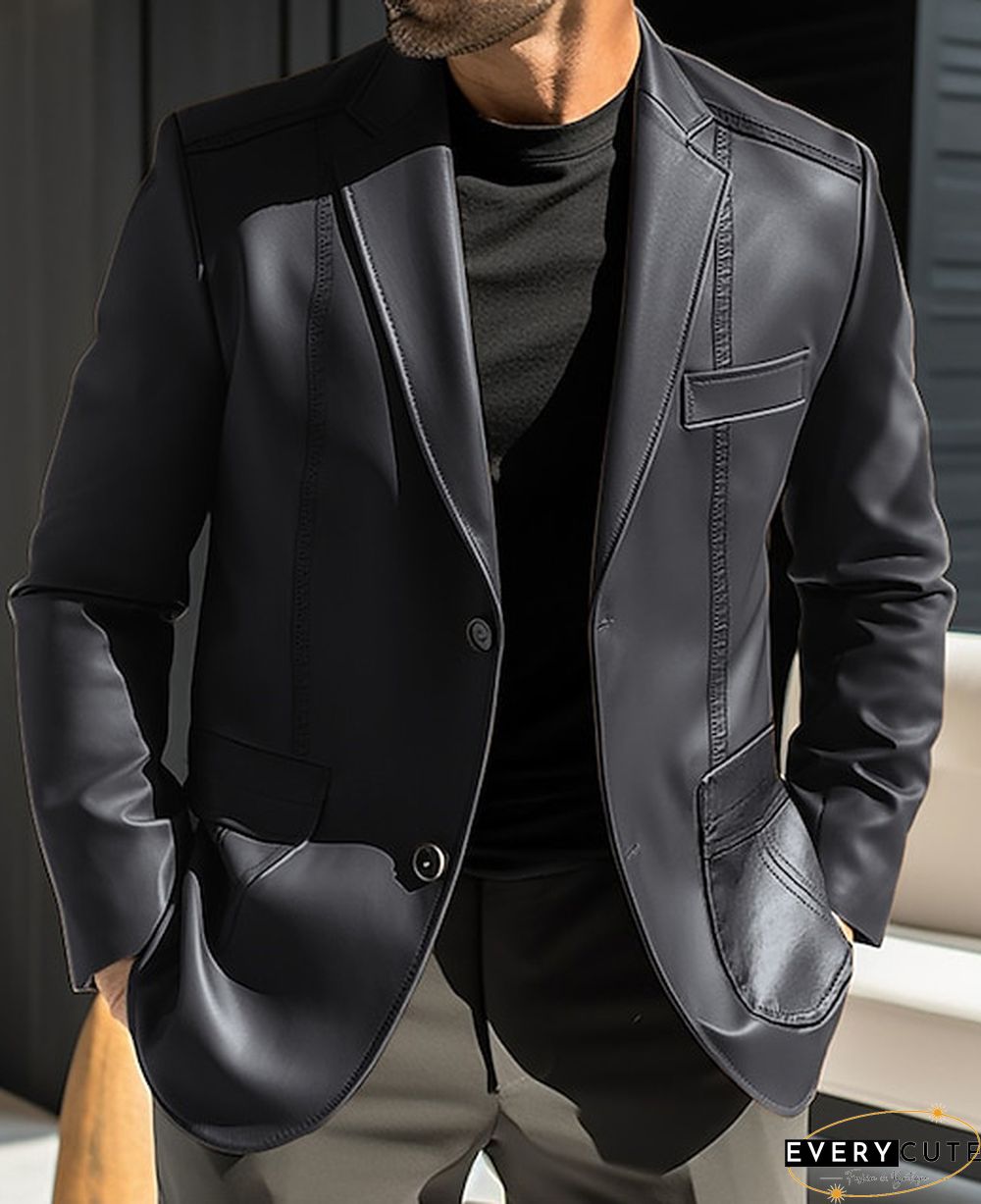 Solid Notch Lapel Two Button Utility Pocket PU Leather Blazer