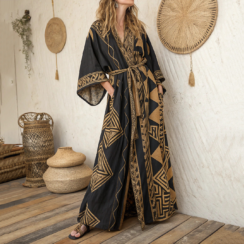 Women's Vintage Ethnic Art Linen V-neck Robe 55.99