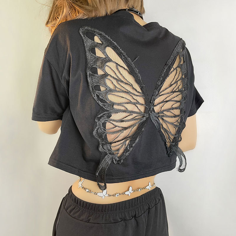 BLACK HOLLOW LACE BUTTERFLY CROP TOP