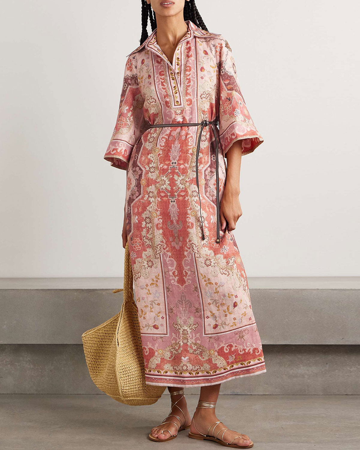 Belted printed linen midi dress
