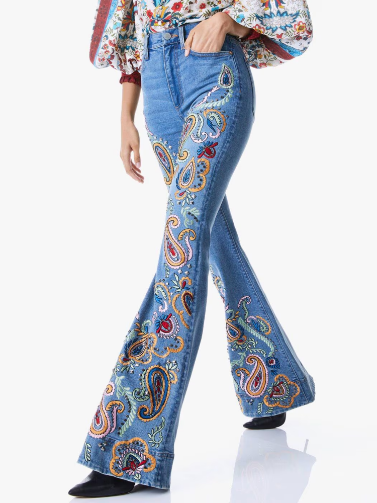 Comstylish Embroidered Bell Bottom Jeans